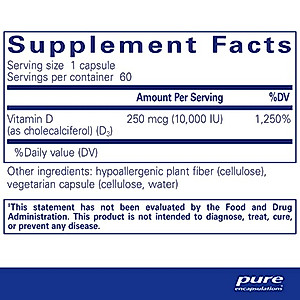 Pure Encapsulations Vitamin D3 250 mcg (10,000 IU) | Supplement to Support Bone, Joint, Breast, Heart, Colon and Immune Health* | 60 Capsules