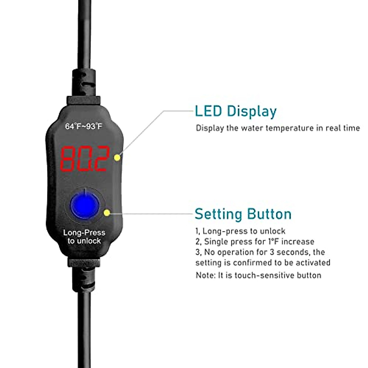auomii Mini Submersible Aquarium Heater, 50W/100W Small Fish Tank Heater, Built-in Thermometer, 2 LED Temperature Display, External Temperature Controller, Smart Memory, 50W (1-10Gallons)