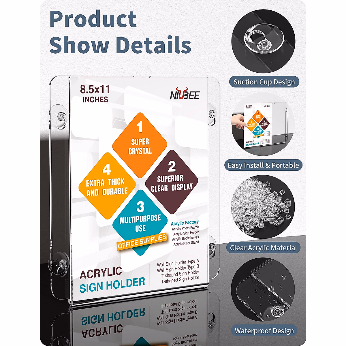 NIUBEE Acrylic Window Sign Holder 8.5×11 Inch with 4 Suction Cups for Glass Window Wall Mount, Advertise Display Office Store Promotion Picture Frame for Mall, Office, Home, Restaurant (2 Pack)