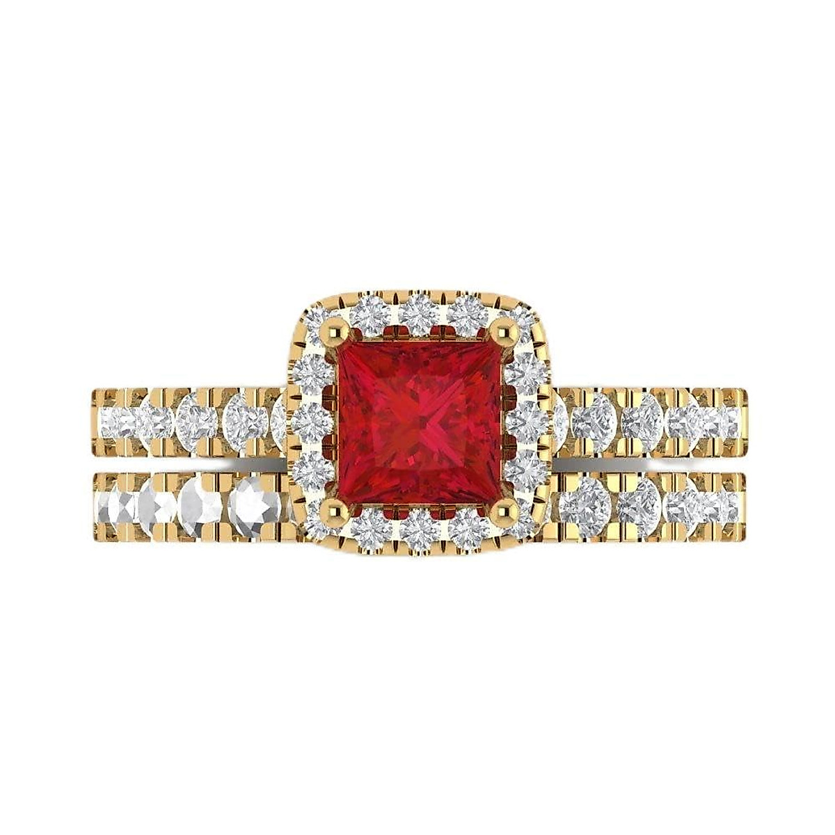 Clara Pucci 1.7 ct Princess Cut Halo Solitaire Simulated Ruby Designer Art Deco Statement Wedding Ring Band Set 18K Yellow Gold 3.5