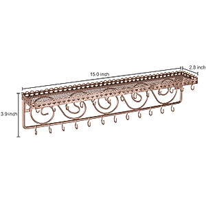 MyGift Rose Gold-Tone Metal Wall Jewelry Holder Organizer and Cosmetics Shelf Rack with 25 Necklace Hooks