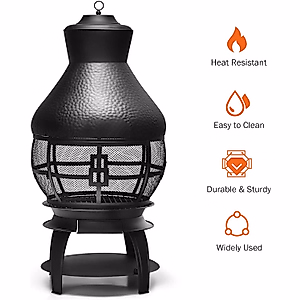 S AFSTAR Outdoor Cast Iron Chimenea, Fireplace Wooden Chiminea Fire Pit w/Fire Poker, 360°Fire Retardant Mesh Cover, Patio Wood Burning Chiminea