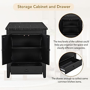 Aiuyesuo Rustic 5-Piece Dining Table Set with Faux Marble Tabletop, Rectangle Dining Table with Storage Cabinet and Drawer, Solid Wood Counter Height Table Set for Dining Room Kitchen (Black-SGH05)