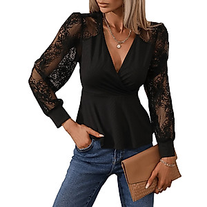 SweatyRocks Women's Floral Lace Long Sleeve V Neck Wrap Top Flare Hem Peplum Blouse Black S