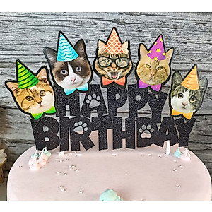 Cat Happy Birthday Cake Topper Cat Theme Party Cake Decoration for Meow Kitty Cat Birthday Party Baby Shower Supplies