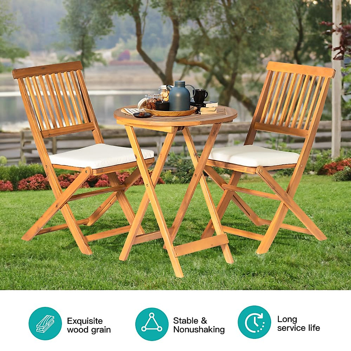 Panana 3PCS Patio Bistro Set Acacia Wood Folding Table Chairs with Cushions Foldable Patio Furniture Set for Outdoor Garden Deck Yard (Round)