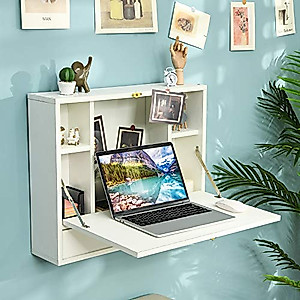 Tangkula Wall Mounted Desk, Folding Wall Table Floating Desk Wall Mount Laptop Desk, Space Saving Wall Mounted Table Wall Desk with Storage Drawer & Shelves (White)