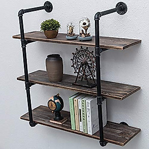 Industrial Pipe Shelving Wall Mounted,36in Rustic Metal Floating Shelves,Steampunk Real Wood Book Shelves,Wall Shelf Unit Bookshelf Hanging Wall Shelves,Farmhouse Kitchen Bar Shelving(3 Tier)
