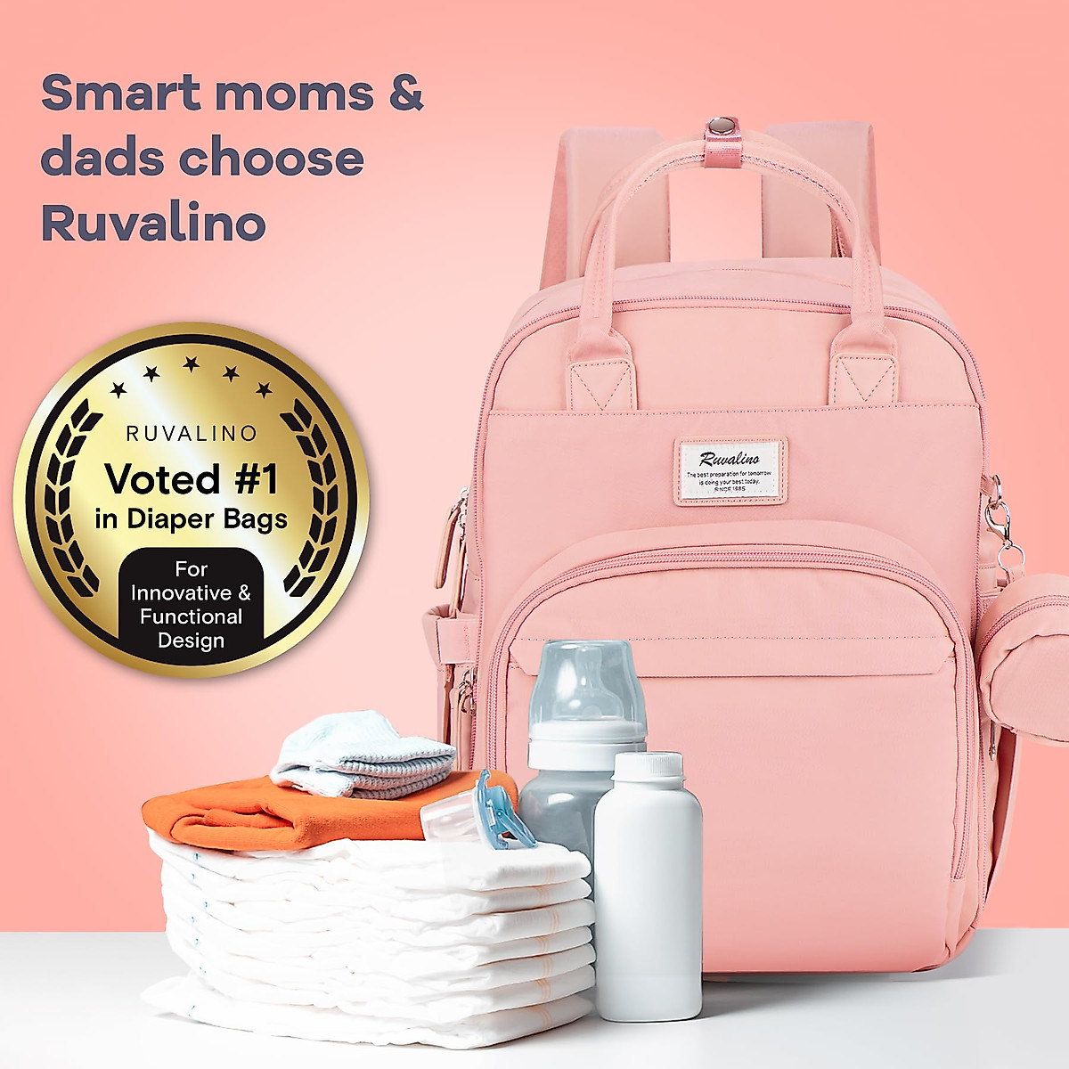 RUVALINO Diaper Bag Backpack, Multifunction Travel Pack Maternity Baby Changing Bags, Large Capacity, Waterproof, Pink