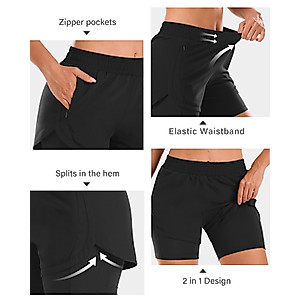 Stelle Women 2 in 1 Running Shorts High Waisted Athletic Shorts Gym Workout Shorts with Liner Zipper Pockets (Black, M)