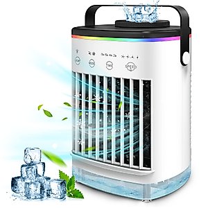 Portable Air Conditioner Fan Evaporative Air Cooler Desktop Cooling Fan with Double Water Tank 4 Speeds 8H Timer 7 Led Colors Portable Camping Fan with Handle for Home Bedroom Office