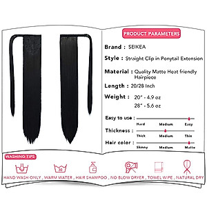 SEIKEA Clip in Ponytail Extension Wrap Around Long Straight Pony Tail Hair 28 Inch Synthetic Hairpiece - Black