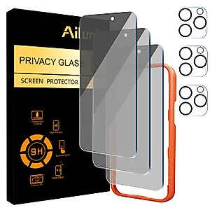 Ailun 3 Pack Privacy Screen Protector for iPhone 16 Pro Max [6.9 inch]+ 3 Pack Camera Lens Protector,Dynamic Island Compatible,Anti Spy Tempered Glass[9H Hardness]-HD [6 Pack]