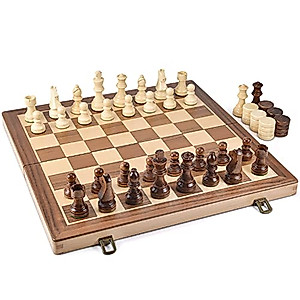 AMEROUS 15 Inches Wooden Chess & Checkers Set with Upgraded Weighted Chess Pieces - 2 Extra Queen -24 Cherkers Pieces -Instruction -Chessmen Storage Slots, Classic 2 in 1 Board Games