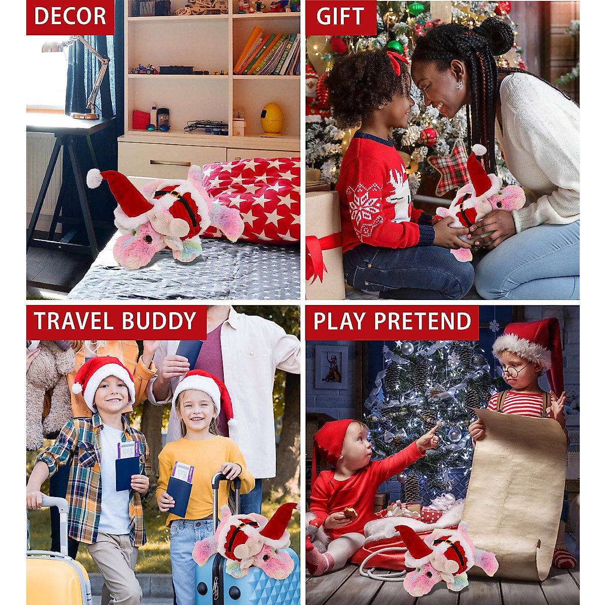 DolliBu Santa Rainbow Lying Moose Stuffed Animal Plush Toy - Super Soft Dress Up with Red Santa Claus Outfit, Cute Lying Moose Gift Perfect Holiday with Name Personalization - 9.5 Inch