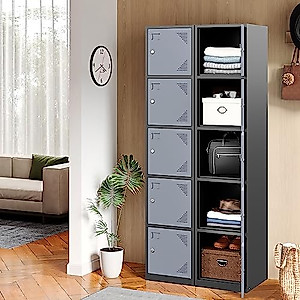 BYNSOE Metal Locker 5 Doors 71" Employees Locker Storage Cabinet Locker School Hospital Gym Locker Requires Assembly (Black Gray 5 Door-71)