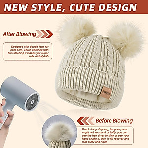 Beanies Women with Double Pom Pom, Winter Hats for Women Cold Weather Warm Cable Knit Fleece Lined, Cute Beanie Cap for Daily Use(Black)