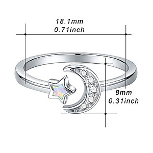 CUOKA MIRACLE Moon Ring, S925 Sterling Silver Crescent Moon and Star Ring Synthetic Opal Open Ring Adjustable Ring Gift for Women