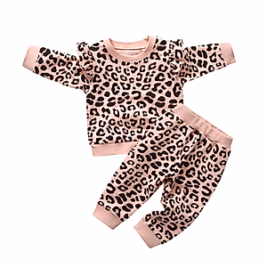2pcs Baby Girl Leopard Print Ruffle Trim Long-sleeve Pullover and Sweatsuit Pants Clothes Set (6-9 Months) Pink
