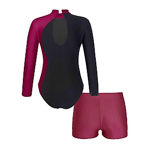 FEESHOW Girls 2Pcs Glitter Long Sleeve Leotards with Shorts Outfits Athletic Unitards Gymnastics Dancewear Clothes Red_A 14 Years