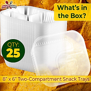 Anti-Spill, Large 6x8 Inch Plastic Nacho Trays 25 Pack. Reusable 2 Compartment Boats Great for Dips, Snacks, Fair Foods. Portable Nacho Chip Holders for School Carnivals, Parties, Concession Stands