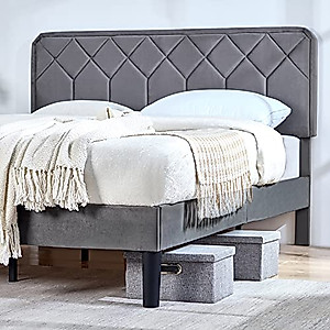 VECELO Queen Size Bed Frame Premium Upholstered Platform with Height Adjustable Headboard/Mattress Foundation Solid Wooden Slat Support, No Box Spring Needed/Easy Assembly, Dark Grey