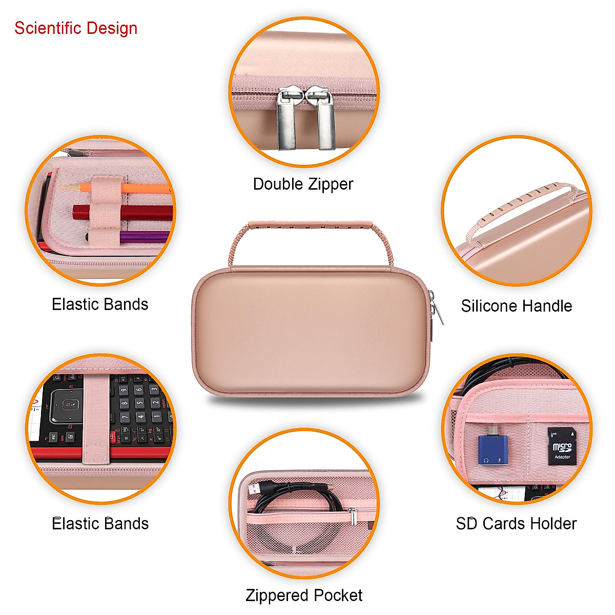 Elonbo Hard Travel Case for Texas Instruments TI-Nspire CX II CAS/CX II/CX CAS Color Graphing Calculator, Extra Zipped Pocket Fits Charging Cable, Charger, Manual, Rose Gold