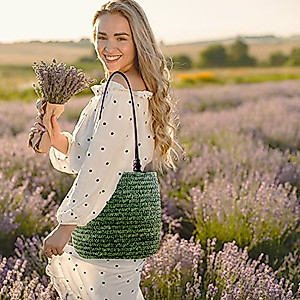 QTKJ Women Retro Bucket Straw Bag Handwoven Rattan Beach Tote Shoulder Bag with Brown Bead (Green)