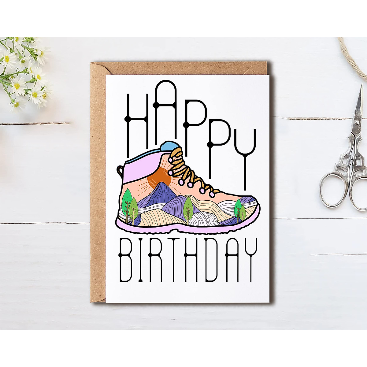 OystersPearl Happy Birthday Card - Happy Birthday Card With Hiking Boot And Mountains For Outdoor Enthusiast - Gift For Outdoor Lover - Climbing Card