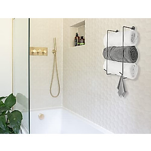 2 Set Towel Rack Holder, Wall Mounted Metal Towel Shelf with Hooks, Minimalist Design Storage Organizer for Towels, Washcloths, Hand Towels, Linens, Yoga Mat, Ideal for Bathroom, Spa, Salon Black
