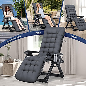 Tycdiose Outdoor Chaise Lounge Chair Cushion Waterproof 66 x 21 x 4 Inches Indoor Outdoor Memory Foam Lounge Chair Cushions with Ties, Soft Thickened Lounge Chair Cushions for Outdoor Furniture (Grey)