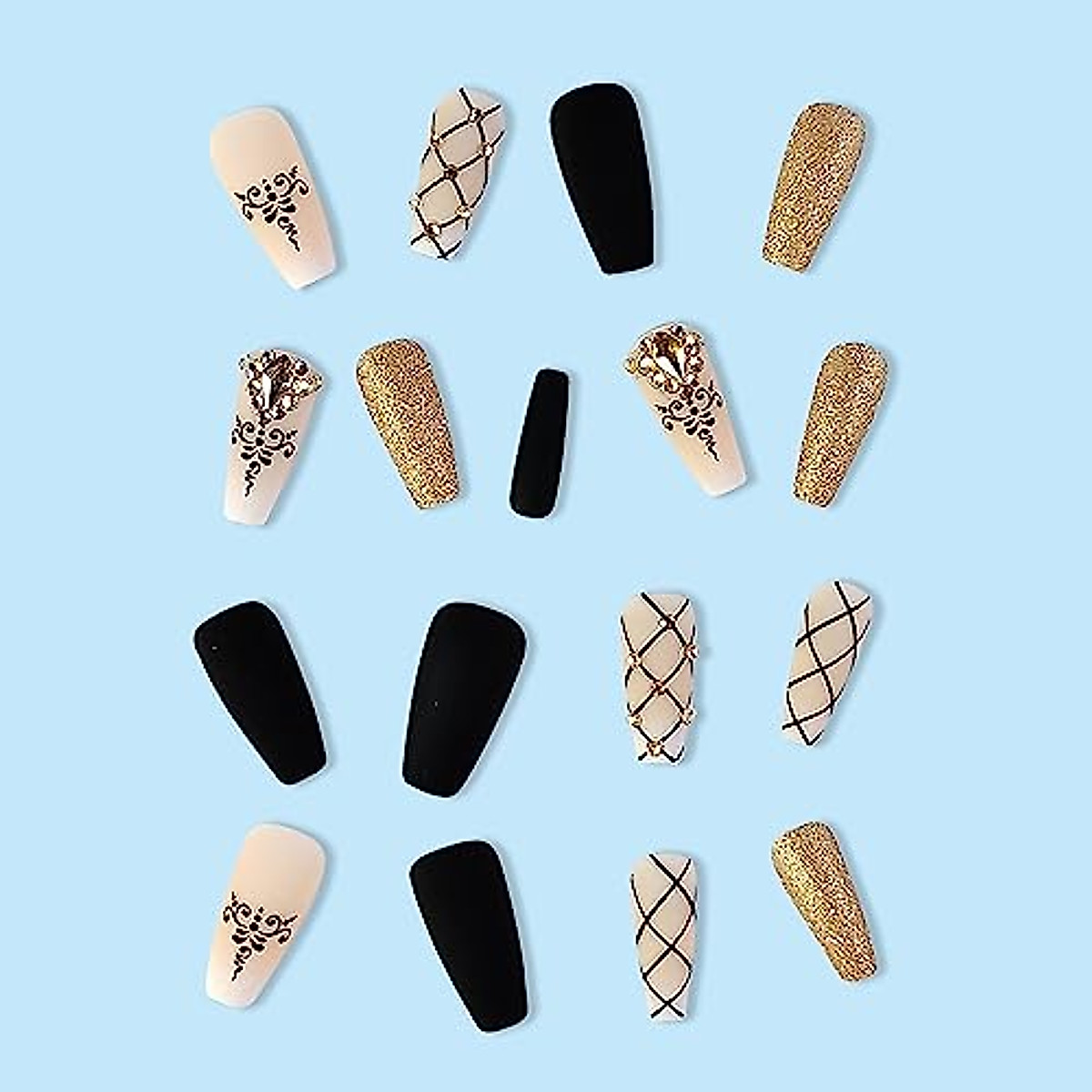 24Pcs Medium Press on Nails, Artificial Acrylic Fake Nails with Golden Rhinestones Designs, Full Cover Reusable Coffin Black Grid False Nails, Glue on Nails for Women Set, Stick on Nails for Nail Art