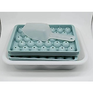 SCEssentials Round Ice Cube Tray with Lid Bin Ball Maker Mold for Freezer Container Mini Circle Making 99 piece Sphere Chilling Cocktail Whiskey Tea Coffee 3 Trays 1 Bucket Scoop total PACKS Blue