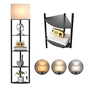 Meisoda 5-Tier 68.5 inch LED Floor Lamp with Wood Shelves and Linen Shade - 3 Color Temperatures, Dimmable, for Living Room, Bedroom, Office