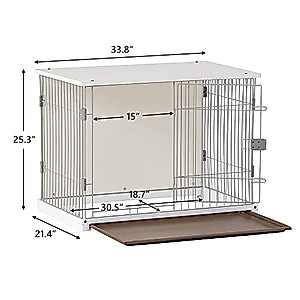 EMKK 34" Wooden Structure White Dog Cage Crate, End Table with Movable Salver, Dog House Cage Indoor Use, with Wide Table Top,Dog Crates for Large Dog Mental Wire Crates Dog Kennels Pet Dog Cage Crate
