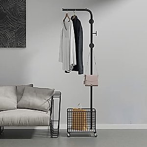 n/a Nordic Floor Clothes Hanger Bedroom Bedside Clothes Rack Metal Clothes Drying Rack Balcony Simple Storage Basket (Color : Black, Size : 177 * 42 * 30cm)