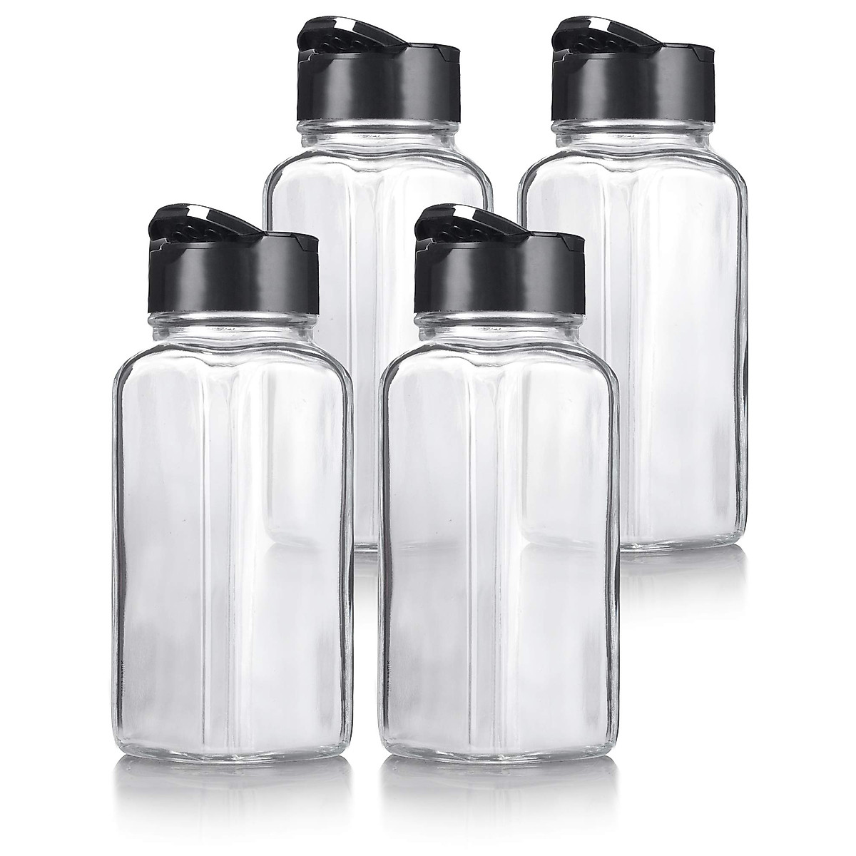 4 oz / 120 ml Clear Glass Square Spice Jar with Black Sifter (4 pack) - Two Sided Sifter Cap (shaker holes/pour open) and Freshness Seal for a professional look