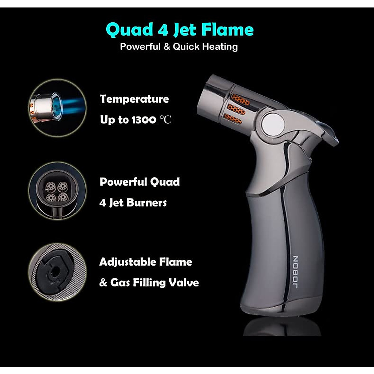 4 Jet Flame Torch Lighter, Windproof Refillable Butane Adjustable Flame Lighter for Kitchen Torch Cooking, Brulee Creme, Desserts, BBQ and Baking (Butane Gas Not Included)