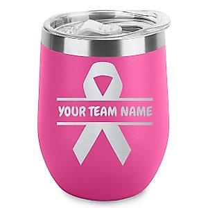 Personalized Custom Breast Cancer Ribbon Your Name Engraved Insulated Stainless Steel Wine Tumbler with Lid 12 oz. Gift for Her (Pink)