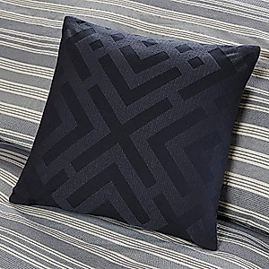 Madison Park Signature Cozy Comforter Set - All Season Bedding Combo Filled Insert and Removable Duvet Cover, Shams, Decorative Pillows, Stripe Blue King (110 in x 96 in) 10 Piece