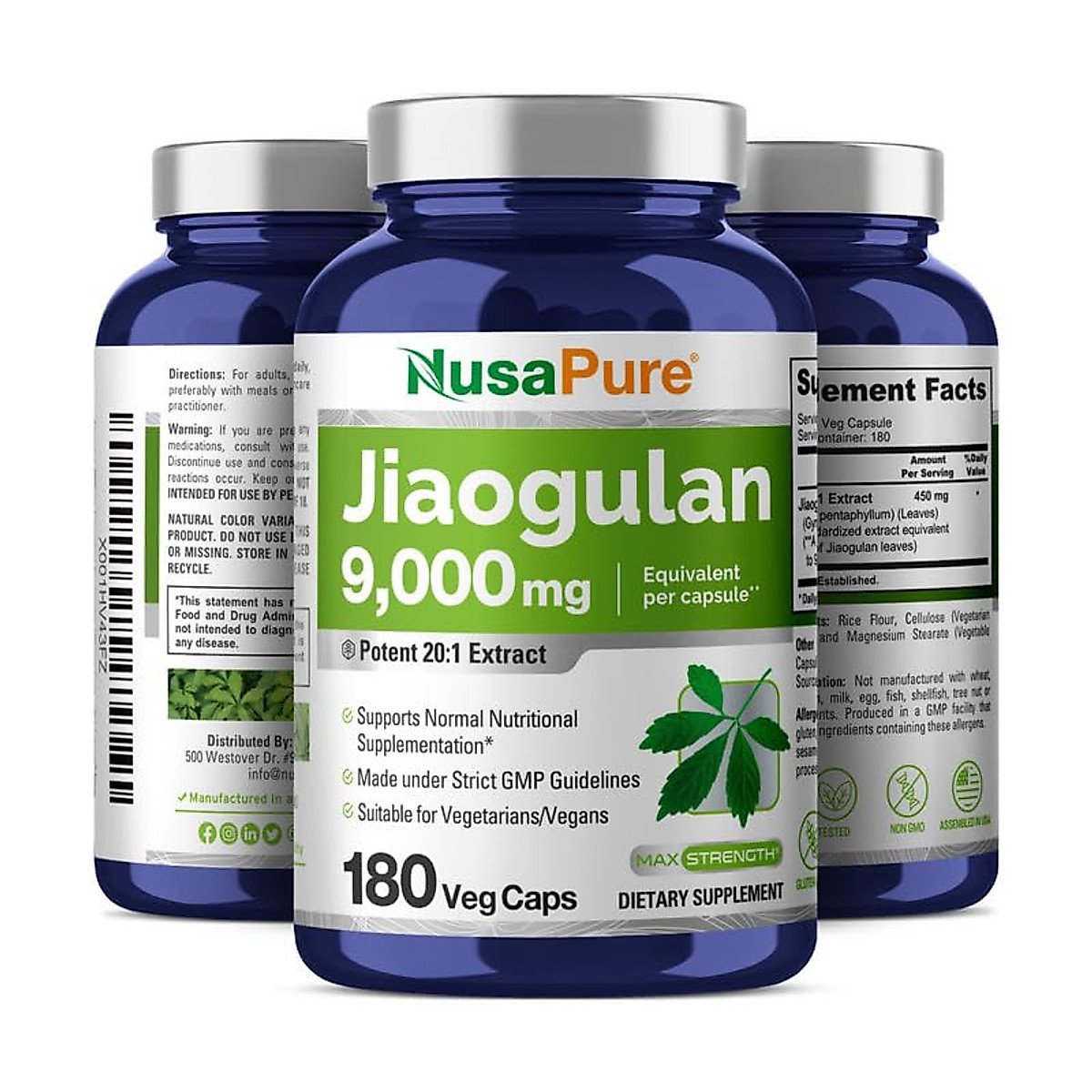 NusaPure Jiaogulan 9000 mg 180 Veggie Capsules (Extract 20:1, Vegetarian, Non-GMO, Vegan) Gynostemma Pentaphyllum