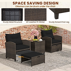 ORALNER 5 Pieces Patio Furniture Set with Ottoman, Wicker Conversation Set w/Cushions, Glass Coffee Table, Outdoor Rattan Lounger Chairs Bistro Set for Porch Balcony Garden Deck Poolside (Black)