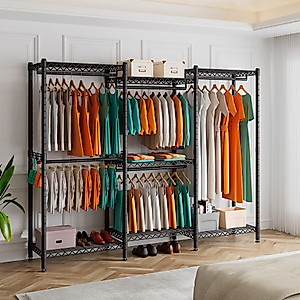 PUNION Heavy Duty Clothes Rack,Wire Garment Rack for Hanging Clothes,Multi-Functional Bedroom Clothing Rack with 5 Hanger Rod,7 Shelves,2 Side Hooks,Extra Wide 86"W X18”D X77”H, Max Load 1500LBS,Black