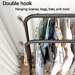 Mixfom Metal Garment Rail with Wheel, 6 Side Hooks and 4 Hanging Rail, Clothes Garment Coat Rack with 1-Tier Shelf, for Hanging Clothes, Coats, Skirts, Shirts, Sweaters