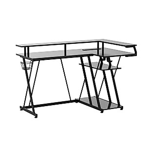 SEVEN WARRIOR L Shaped Gaming Desk with LED Lights & Power Outlets, 43” Reversible Corner Desk with Storage Shelf, Computer Desk with Monitor Stand, Gaming Table with Cup Holder, with Hooks, Black