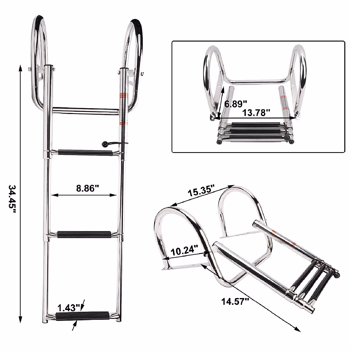 NovelBee 3 Step Inboard Boat Ladder,Stainless Steel Telescoping Step Ladder Folding Dock Ladder for Marine Boat Yacht Swimming Pool