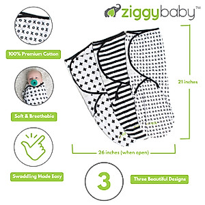 Ziggy Baby Adjustable Baby Swaddles 0-3 Months - Blanket Infant Wrap Set 3 Pack - Soft Cotton Black & White - Newborn Swaddle Blankets for Baby Boy or Girl, Swaddle Blanket