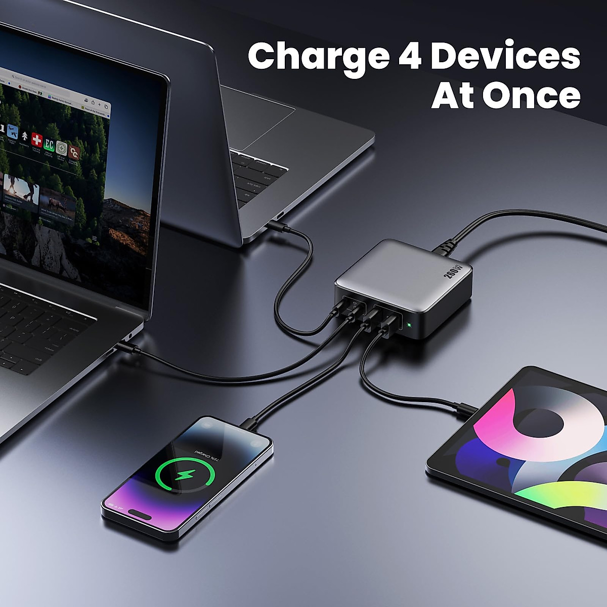 USB C Charger 260W, 4-Port Fast Charging GaN Desktop USB C Charging Station,100W USB C Laptop Charger Compatible with MacBook Pro/Air, iPad Pro,Dell XPS, iPhone 15/14,Samsung S23 All USB C Device etc