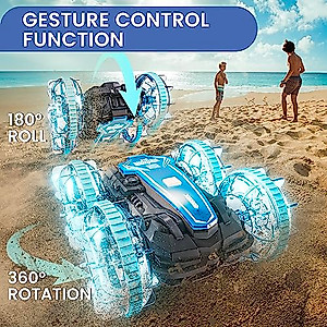 Tecnock Amphibious Remote Control Car Boat, 4WD Gesture RC Car with Waterproof Remote Control, All Terrain RC Stunt Car with LED Lights, Pool Toys for Kids Ages 8-12, Kids Toys Gifts for Boys Girls