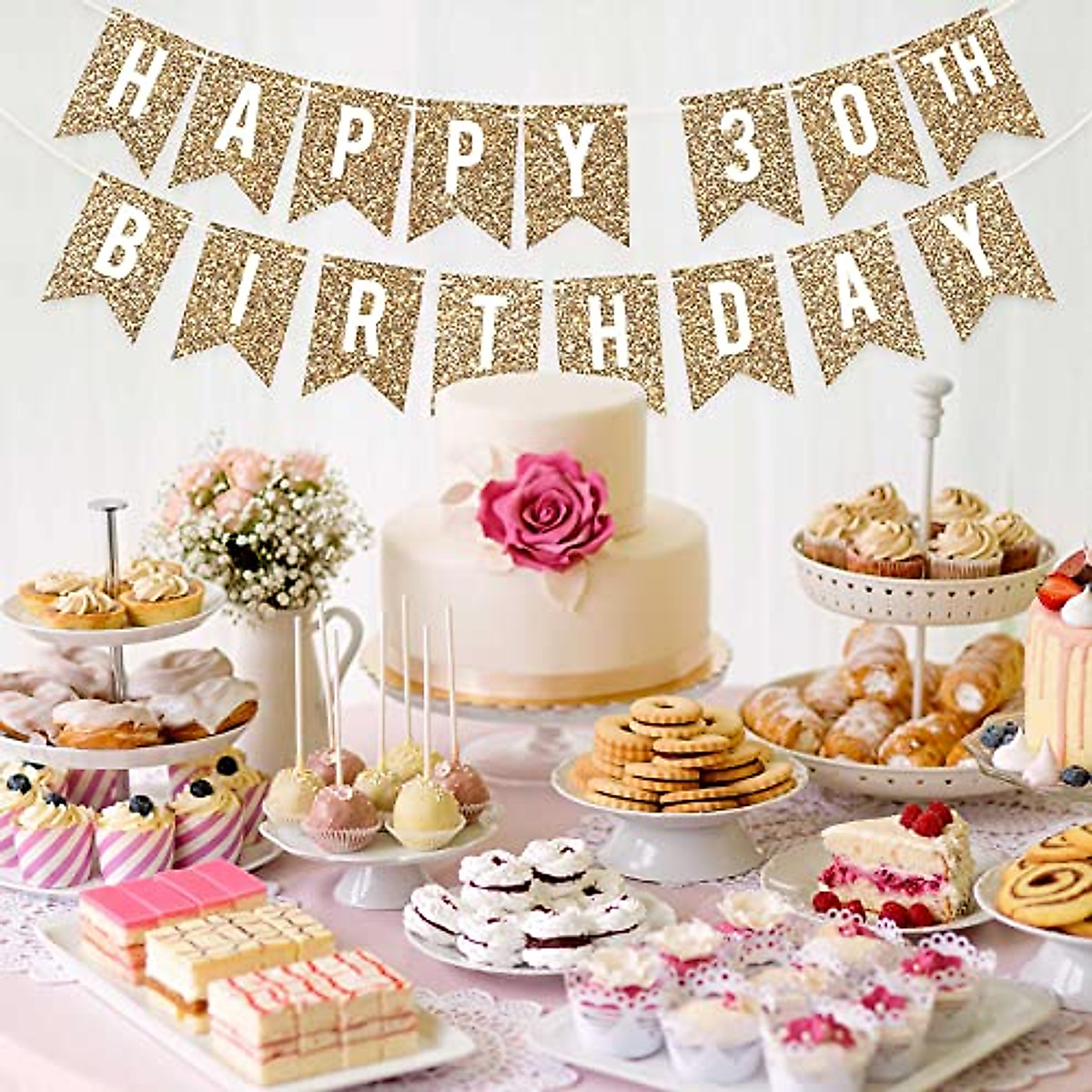 Pre-Strung Happy 30th Birthday Banner - NO DIY - Gold Glitter 30th Birthday Party Banner - Pre-Strung Garland on 6 ft Strands - Gold Birthday Party Decorations & Decor. Did we mention no DIY?